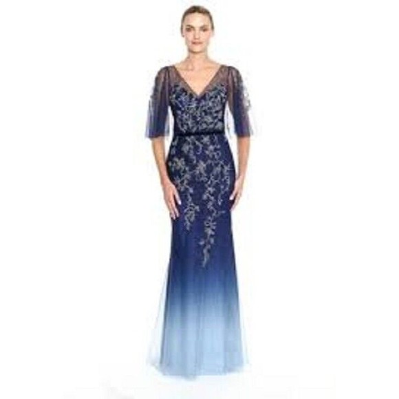 Marchesa | Dresses | Marchesa Notte Blue Ombre Floral Embroidered ...